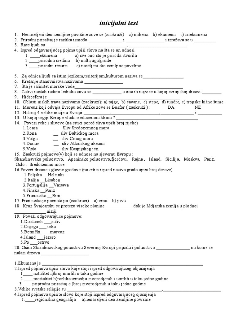 Inicijalni Test Za 7 Razred Geo | PDF