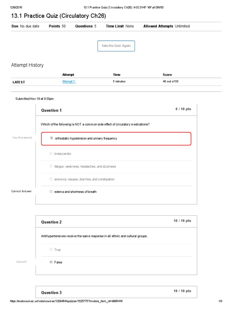 13.1 Practice Quiz (Circulatory Ch26) : Attempt History | PDF | Wellness