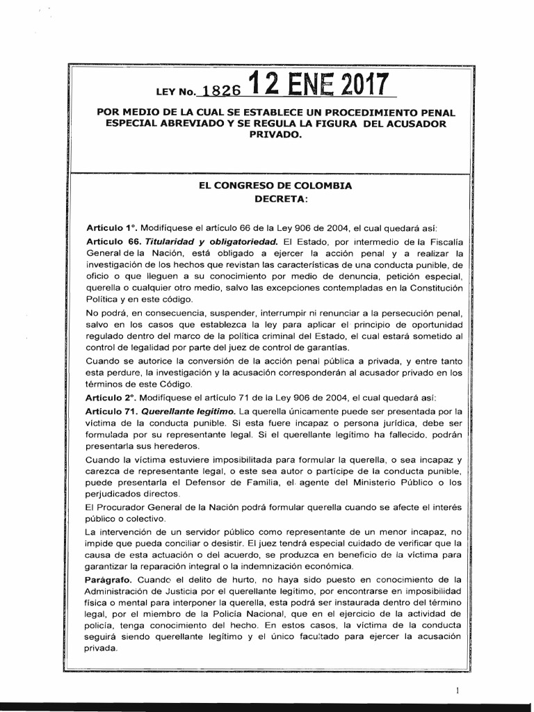 Ley 1826 Del 12 de Enero de 2017 | PDF | Delito | Derecho penal