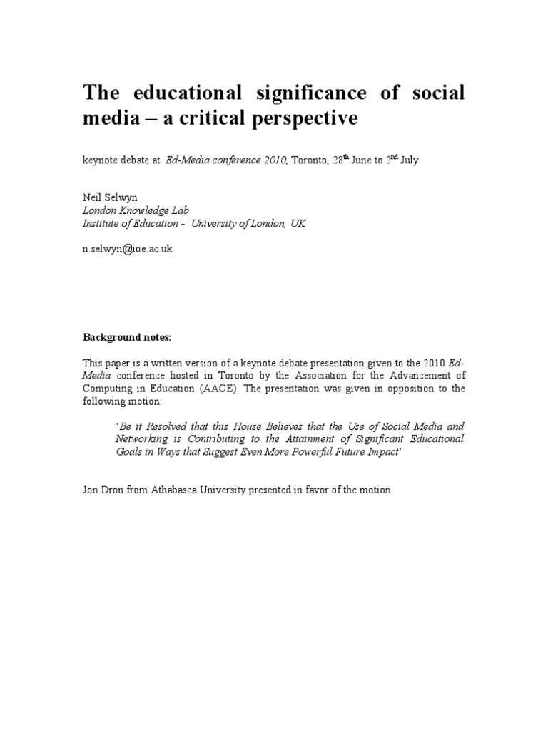 Social Media's Educational Impact: A Critique | PDF | Social Media ...