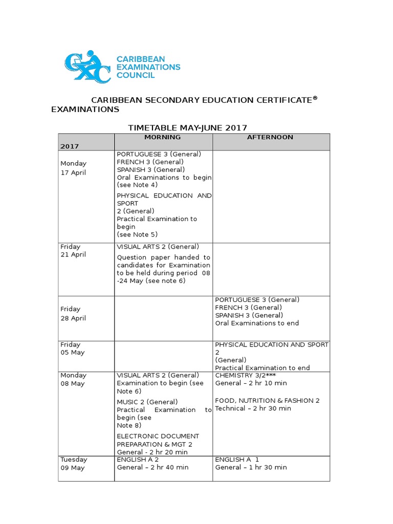 Timetable CSEC 2017may - June | PDF | Test (Assessment) | Engineering