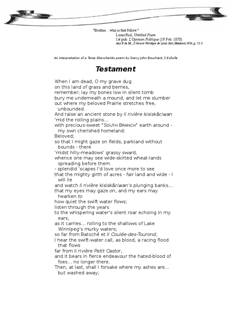 Testament: "Brother... Who Is That Fellow." Louis Riel, Untitled Poem ...