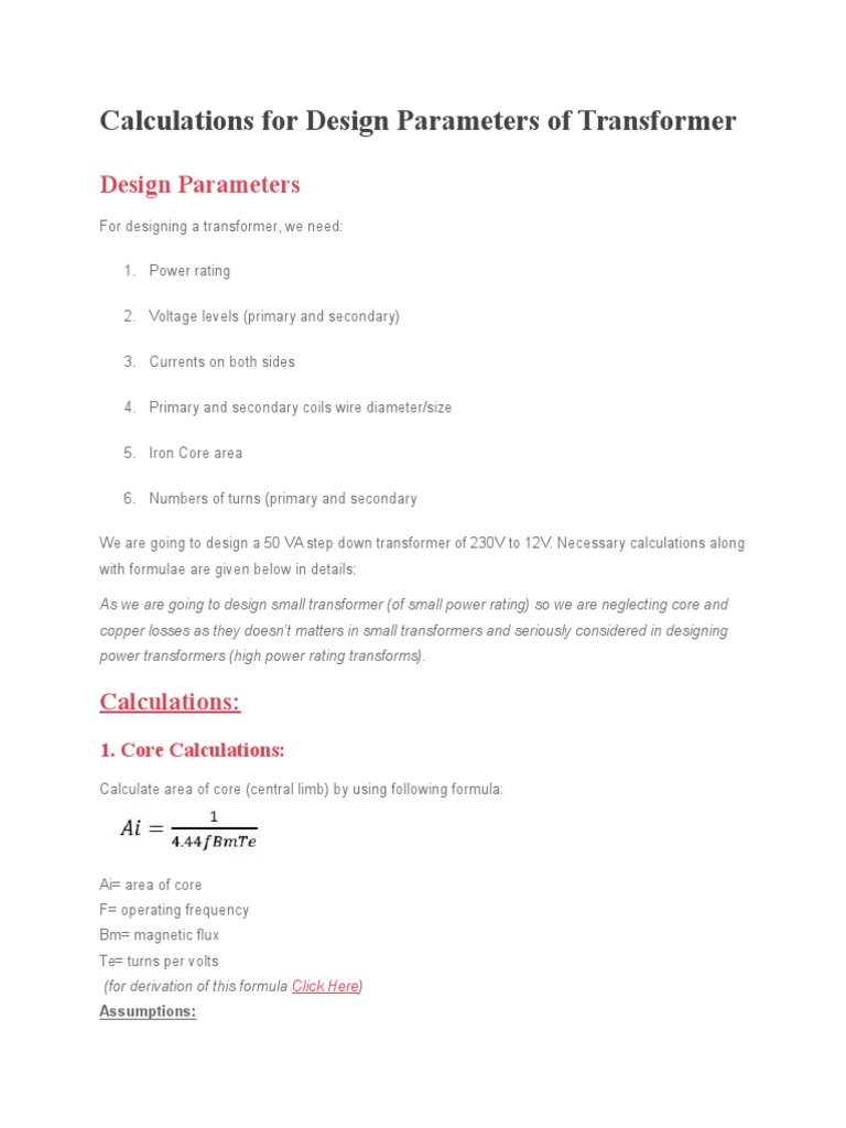 Calculations For Design Parameters of Transformer | PDF | Transformer | Electrical Equipment