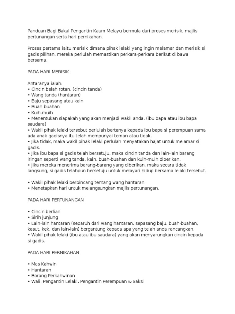 Panduan Bagi Bakal Pengantin Kaum Melayu Bermula Dari Proses Merisik | PDF