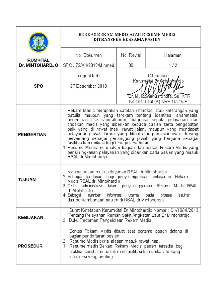 Spo-Berkas Rekam Medis Atau Resume Medis Ditransfer Bersama Pasien | PDF