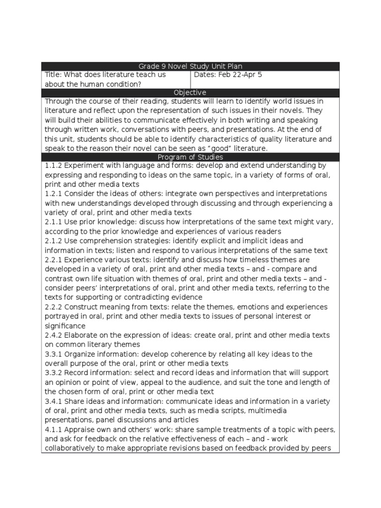 Grade 9 Novel Study Unit Plan Overview | PDF | Mass Media | Essays