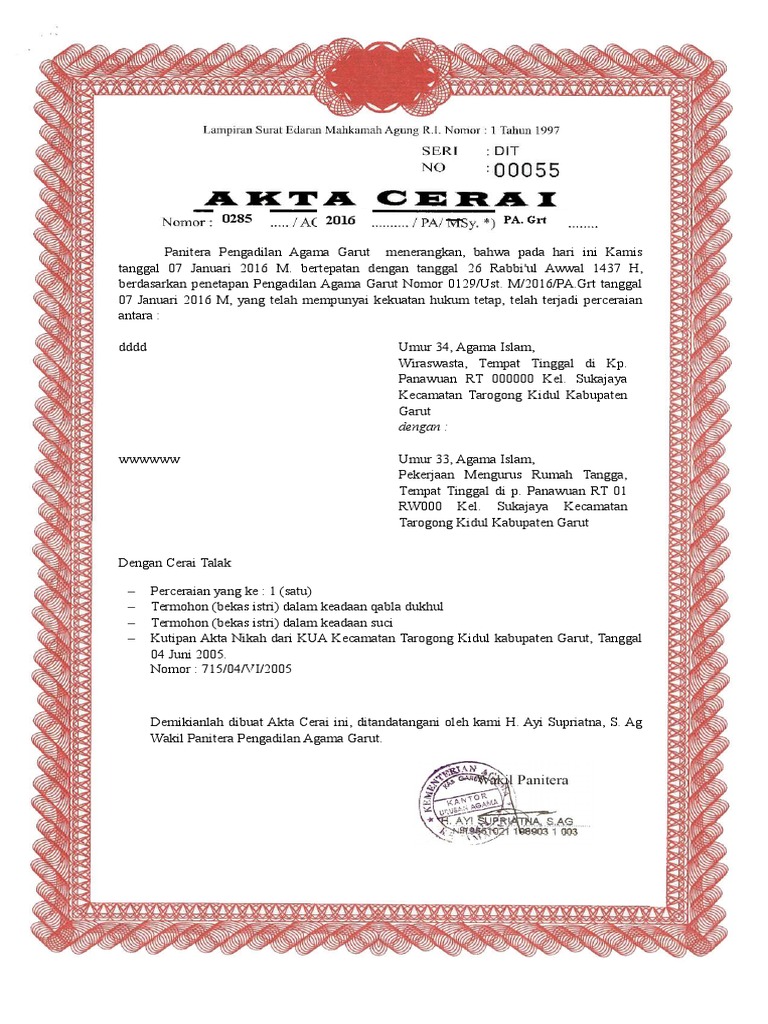Contoh Akta Cerai Talak 1 | PDF