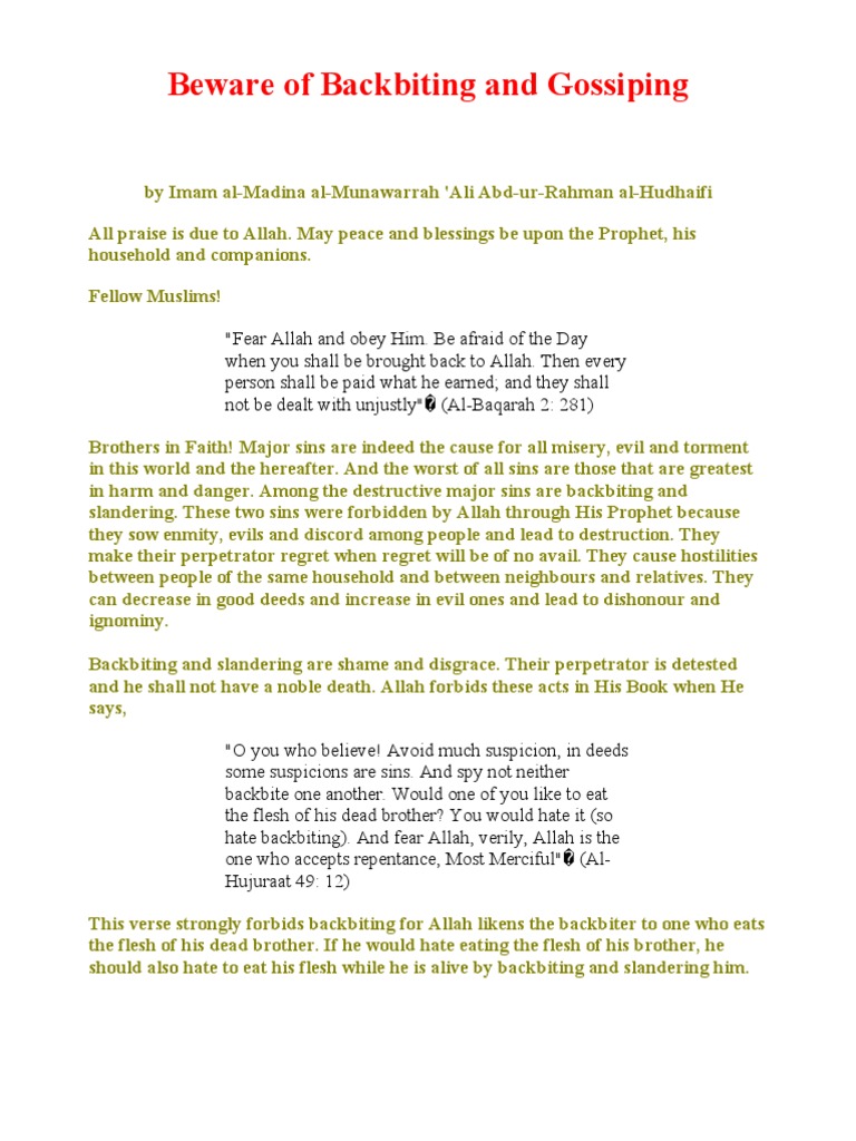 Beware of Backbiting and Gossiping | PDF | Muhammad | Sin