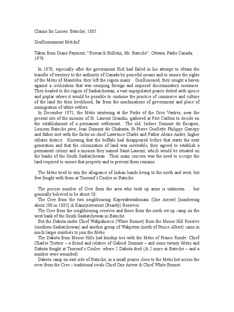 Batoché Loss Claims: Métis Resistance 1885 | PDF | Canadian Folklore ...