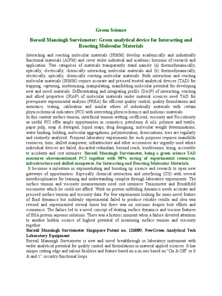Borosil Mansingh Survismeter Overview | PDF | Surface Tension | Liquids