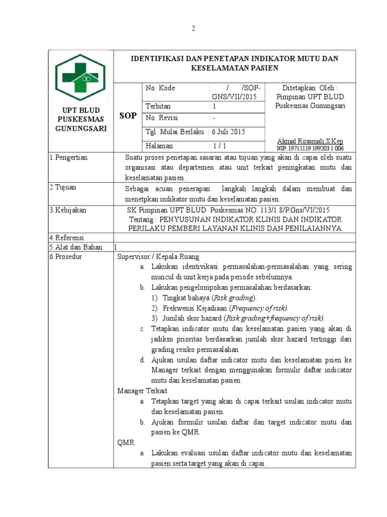 Sop Identifikasi Dan Penetapan Indikator Mutu Dan Keselamatan Pasien | PDF