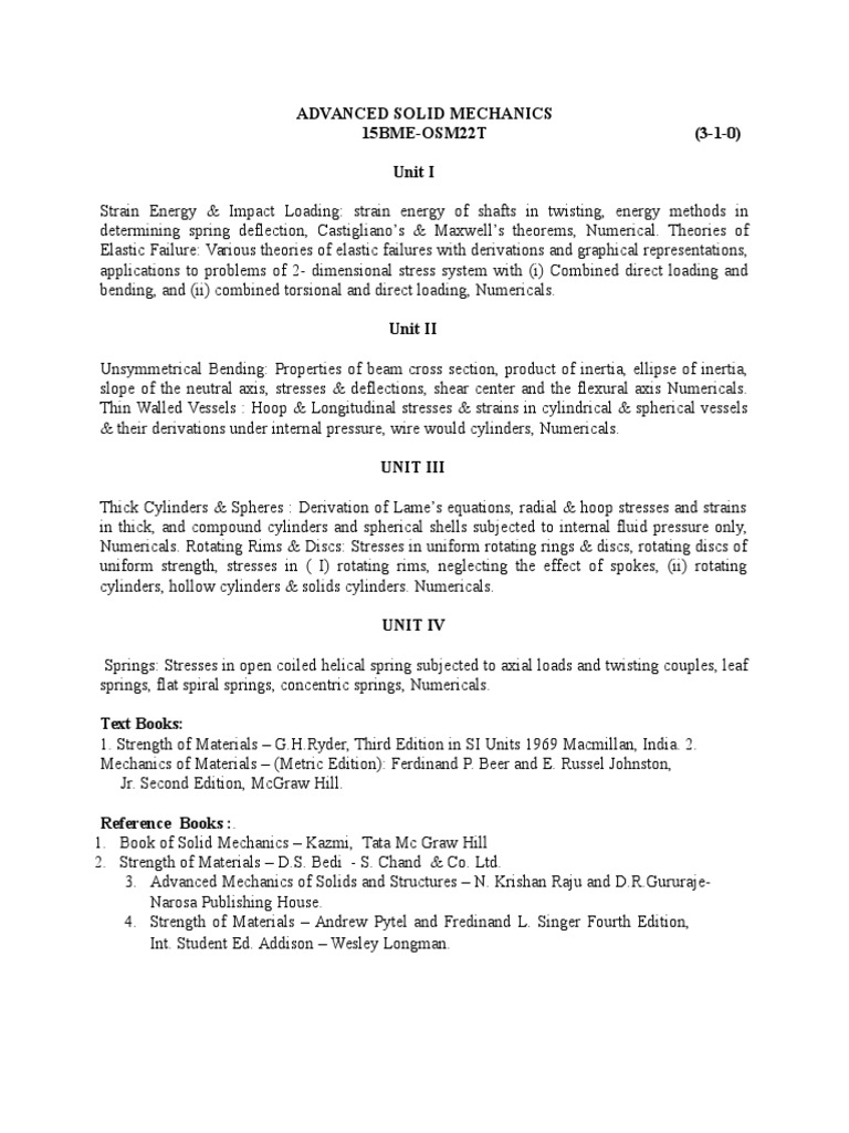 Advanced Solid Mechanics 15BME-OSM22T (3-1-0) Unit I | PDF