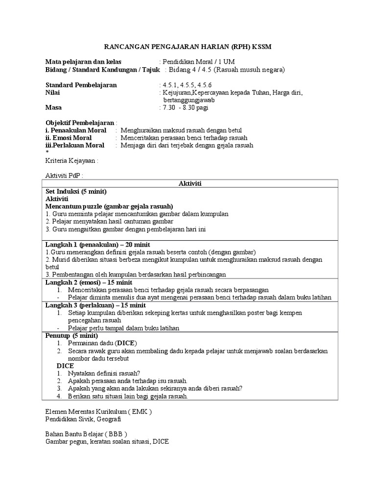 RPH Pendidikan Moral t1 | PDF