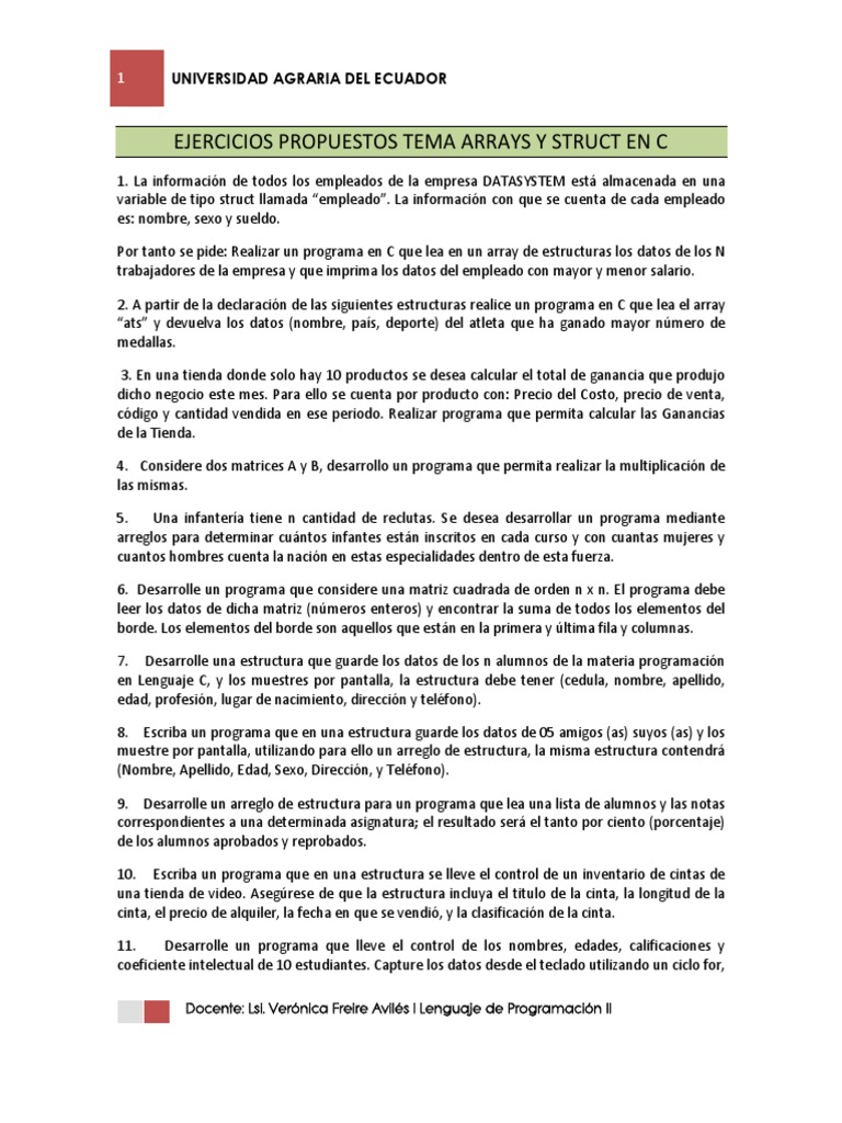 Ejercicios Propuestos Tema Arrays y Struct en C | PDF | Estructura de ...