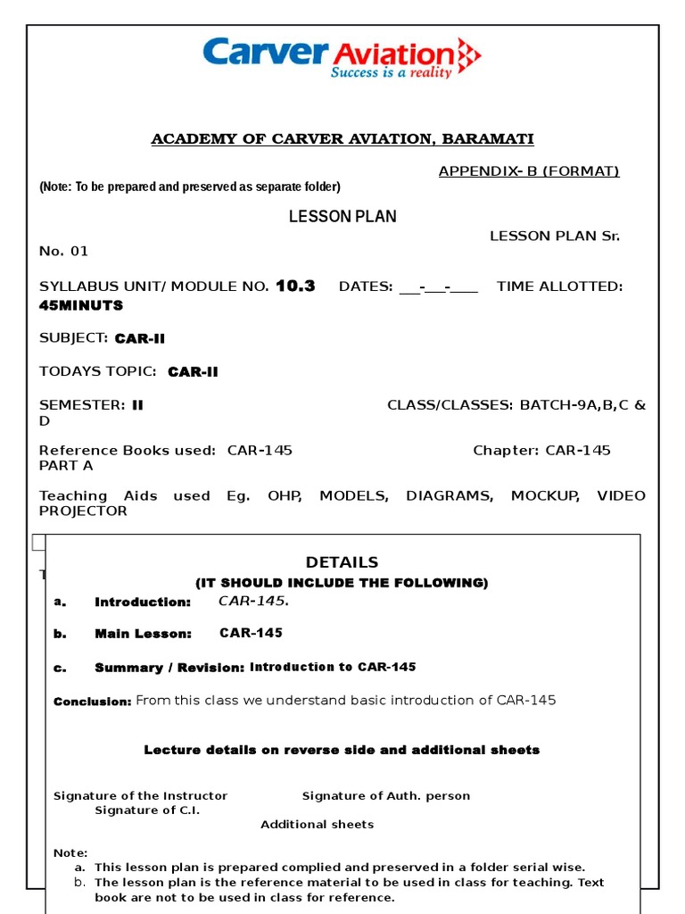 Lesson Plan: Academy of Carver Aviation, Baramati | PDF | Learning ...