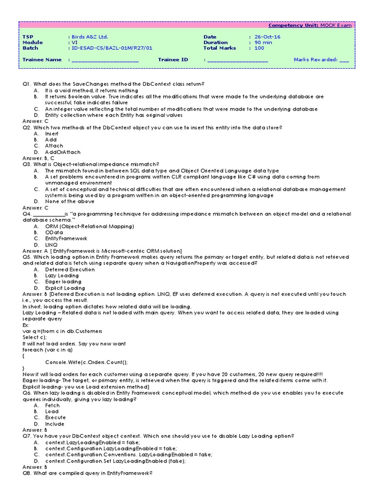 R27 M8 MOCK Ans1 | Download Free PDF | Language Integrated Query | Object Relational Mapping