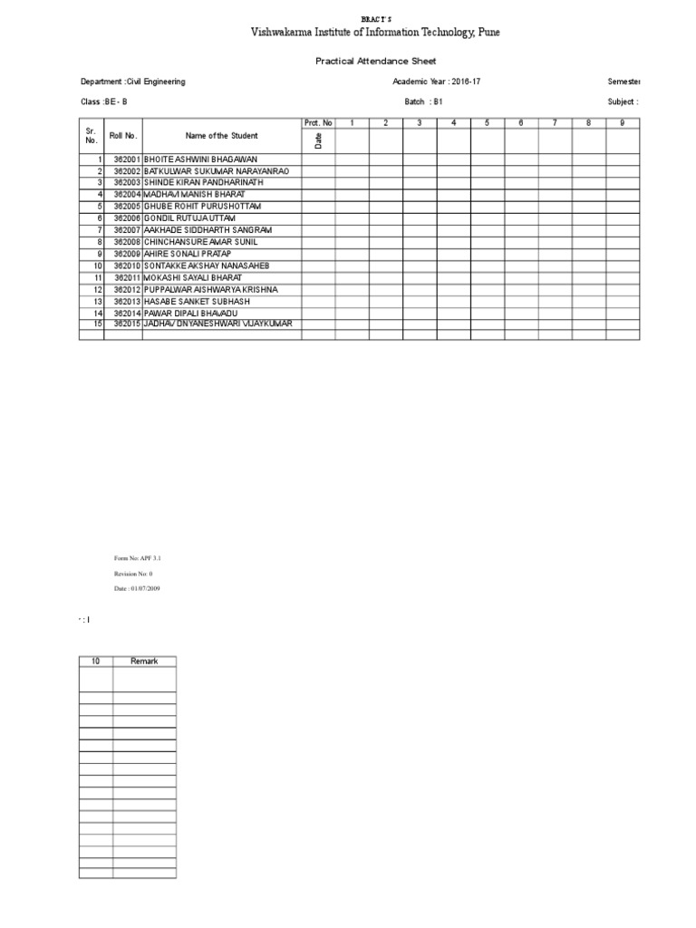 Vishwakarma Institute of Information Technology, Pune: Practical Attendance Sheet | PDF | Business