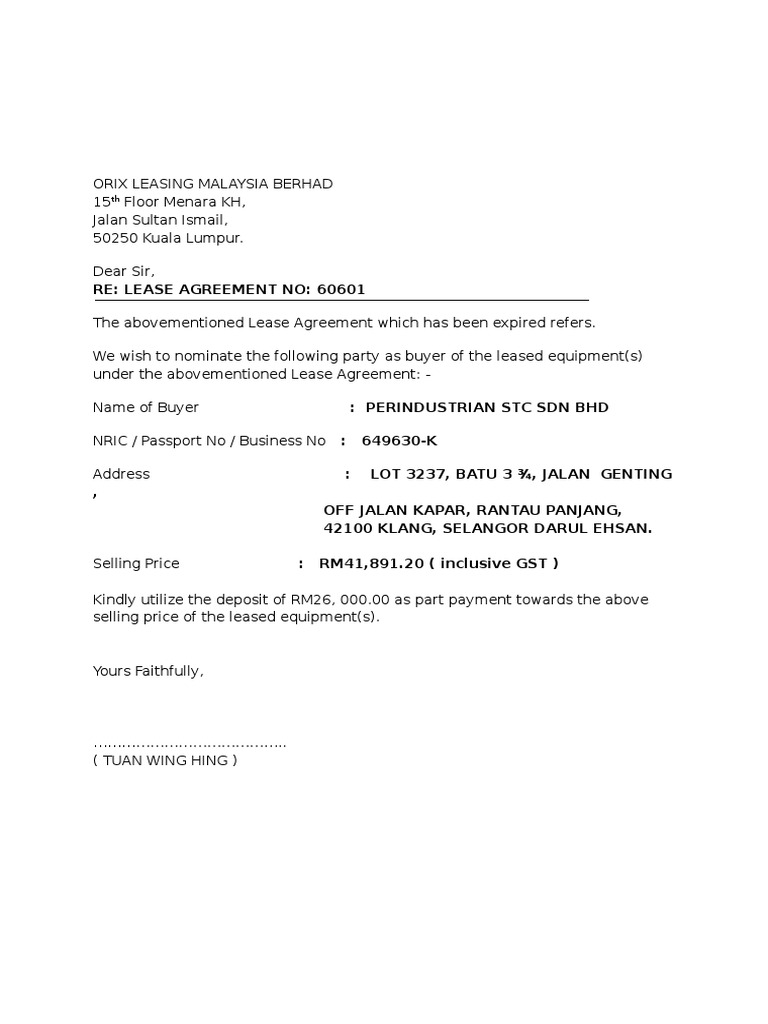 Lease Agreement Nomination to STC Sdn Bhd | PDF | Business