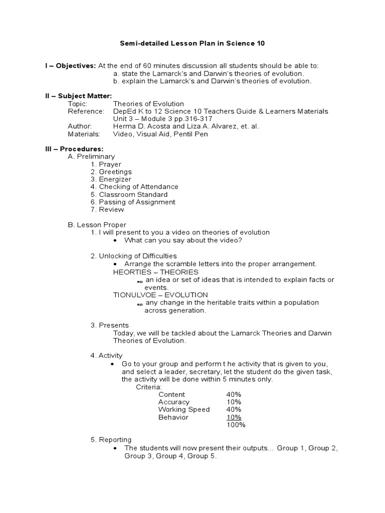 Semi-Detailed Lesson Plan in Science 10 | PDF | Biological Evolution ...