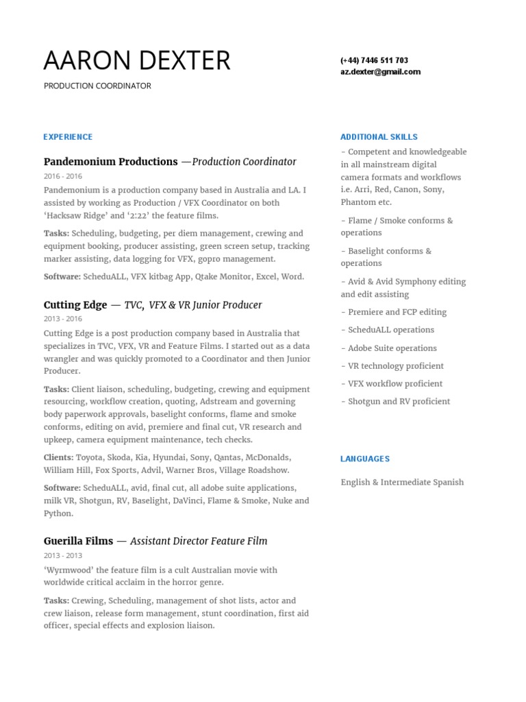 Aaron Dexter Production Coordinator CV | Video | Television