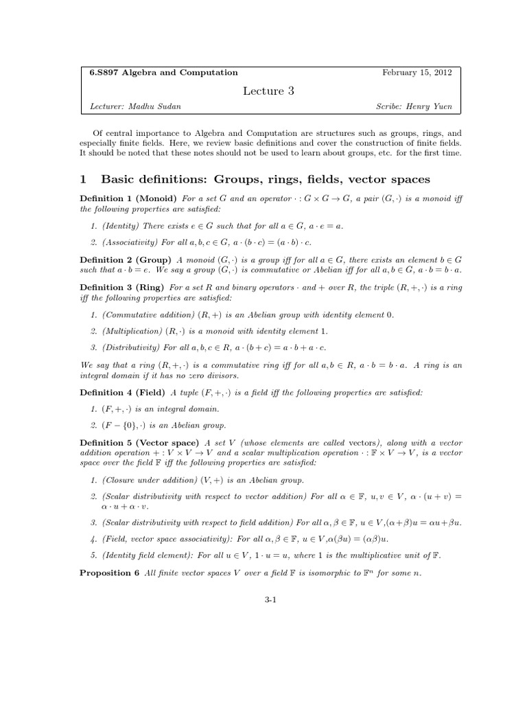 Basic Definitions - Groups, Rings, Fields, Vector Spaces | PDF | Field (Mathematics) | Ring ...