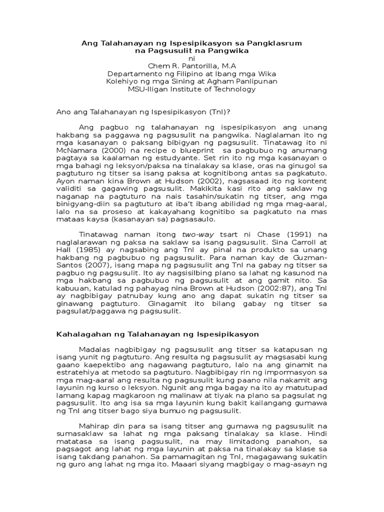 Talahanayan NG Ispesipikasyon. Paper1 | PDF