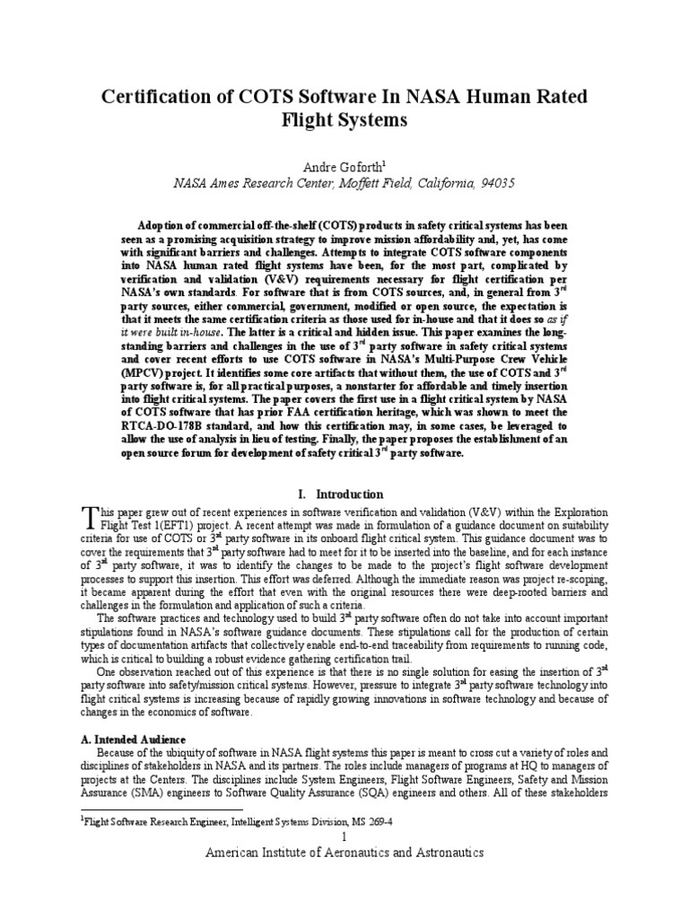 Certification of COTS Software in NASA Human Flight Systems | PDF ...