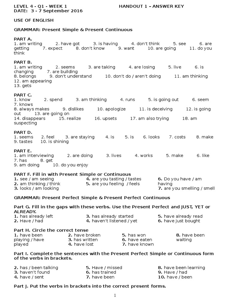 Teacher's Guide - Answer Key - L4 - Q1 - W1 | PDF | Perfect (Grammar) | Phrase