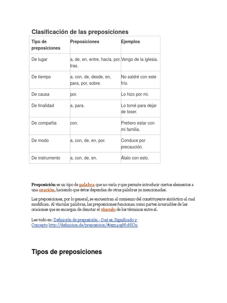 Clasificación de Las Preposiciones | Preposición y Postposición ...
