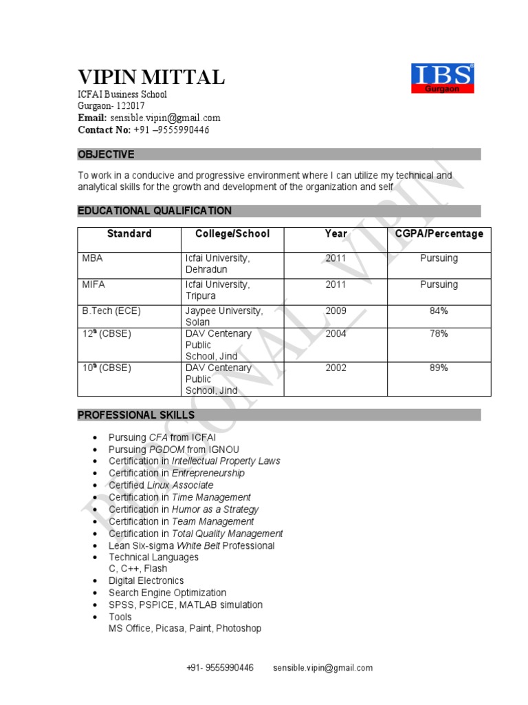 Resume VIPIN MITTAl IBS | PDF | Business | Computer Engineering