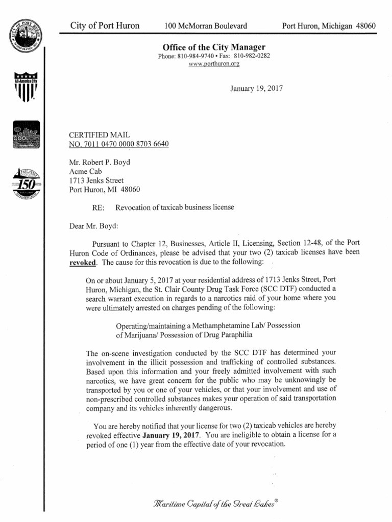 Acme Cab - Revocation Letter For Cab Business | PDF | Vehicles For Hire ...