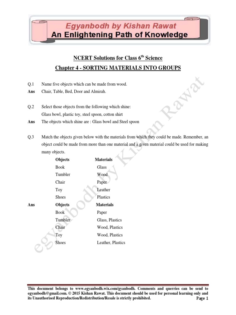 Class 6 - Chapter 4 - Sorting Materials Into Groups | PDF | Manmade ...