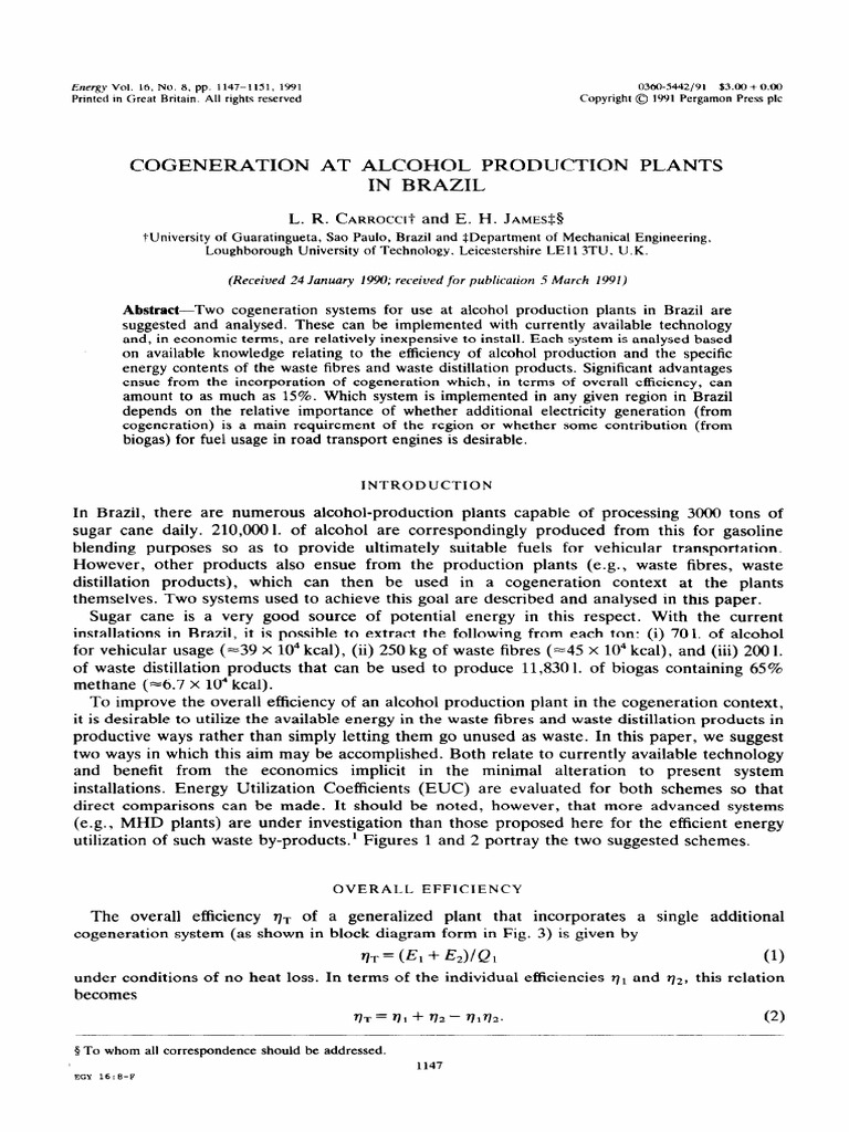 Cogeneration at Alcohol Production Plants in Brazil 1991 Energy | PDF ...