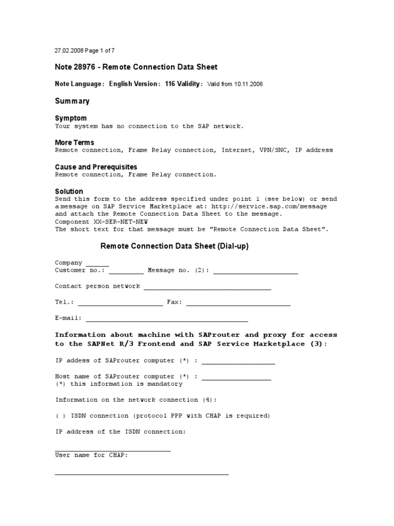 Remote Connection Data Sheet | PDF | Computer Network | Virtual Private ...