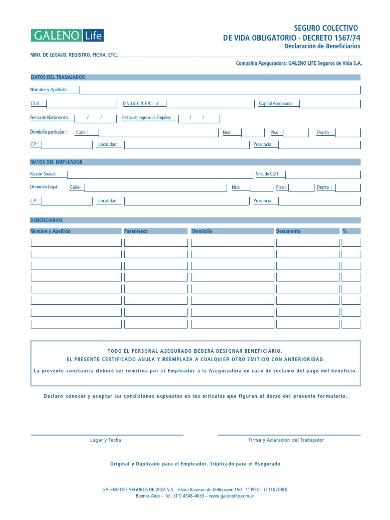 Designacion de Beneficiarios Vida Obligatorio | PDF | Póliza de seguros | Seguro