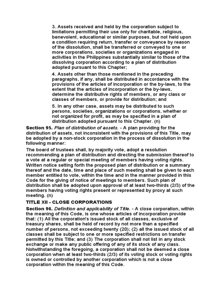 Section 95. Plan of Distribution of Assets. - A Plan Providing For The ...