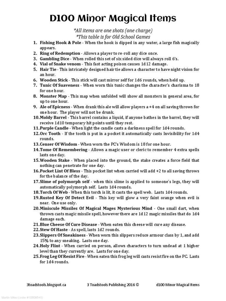 D100 Minor Magical Items | PDF | Leisure