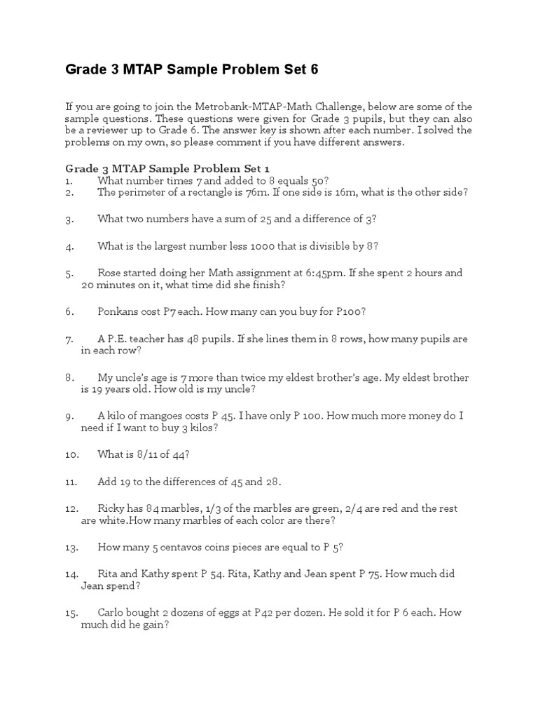 Grade 3 MTAP 2017 Problem Set 6 | PDF | Learning