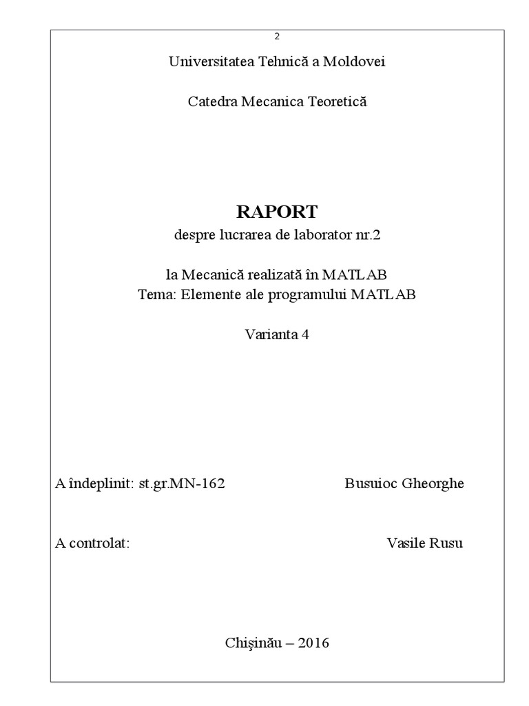 Laborator 2 Mecanica UTM Varianta 4 (Matlab) | PDF
