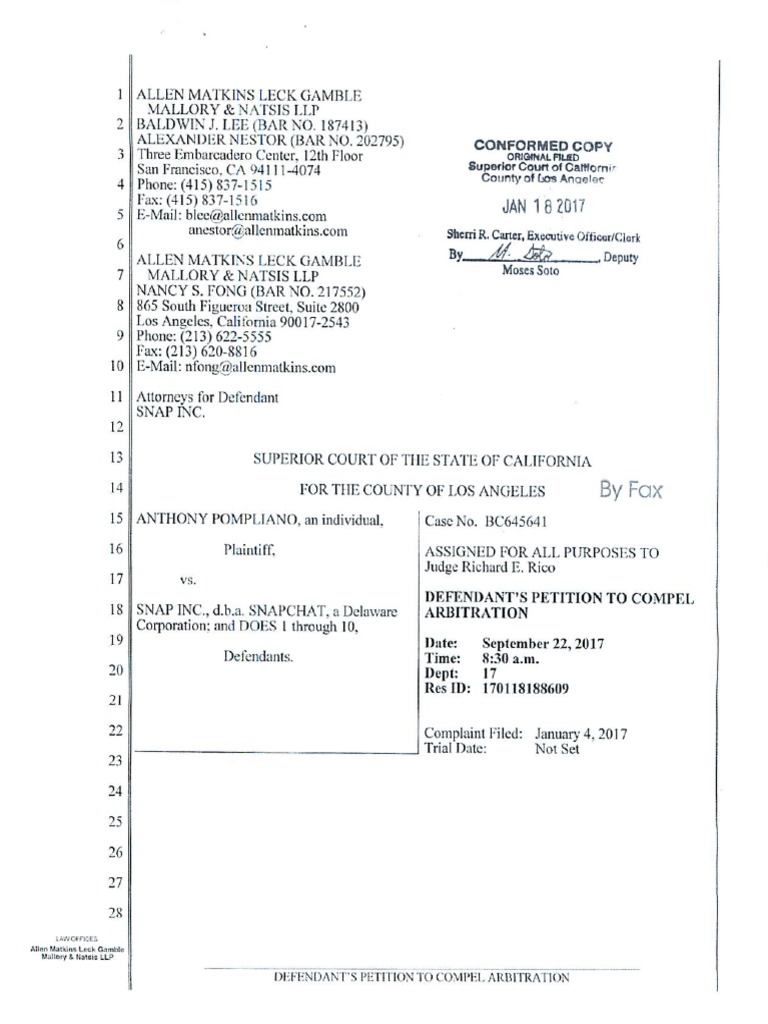 Snap Petition to Compel Arbitration