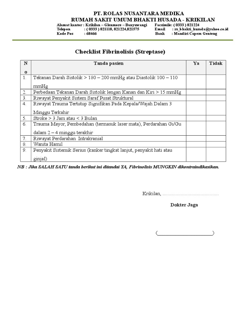 Checklist Kontraindikasi Fibrinolisis | PDF