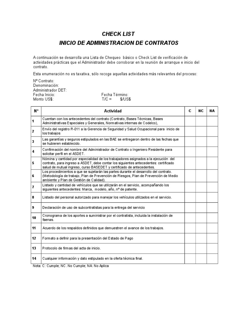 Check List Inicio Administración de Contrato | PDF