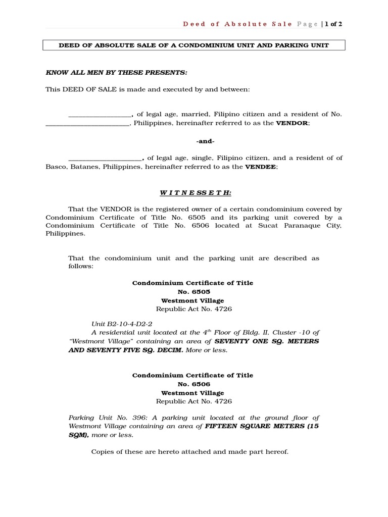Deed of Absolute Sale of A Condominium Unit and Parking Unit | PDF ...