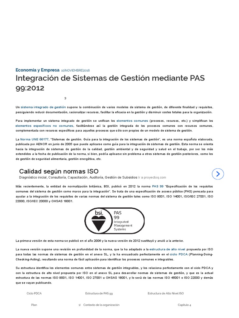 Integración de Sistemas de Gestión Mediante PAS 99 - 2012 ...