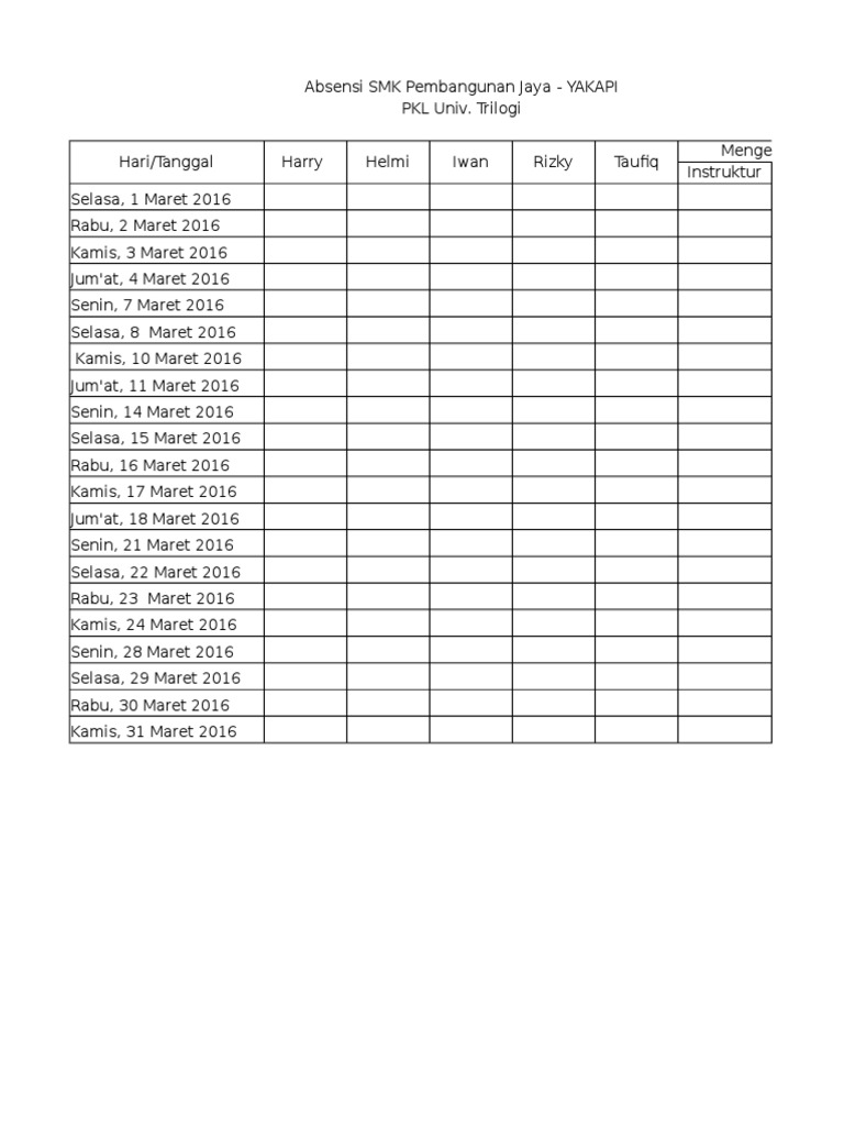 Absensi PKL SMK PJ | PDF