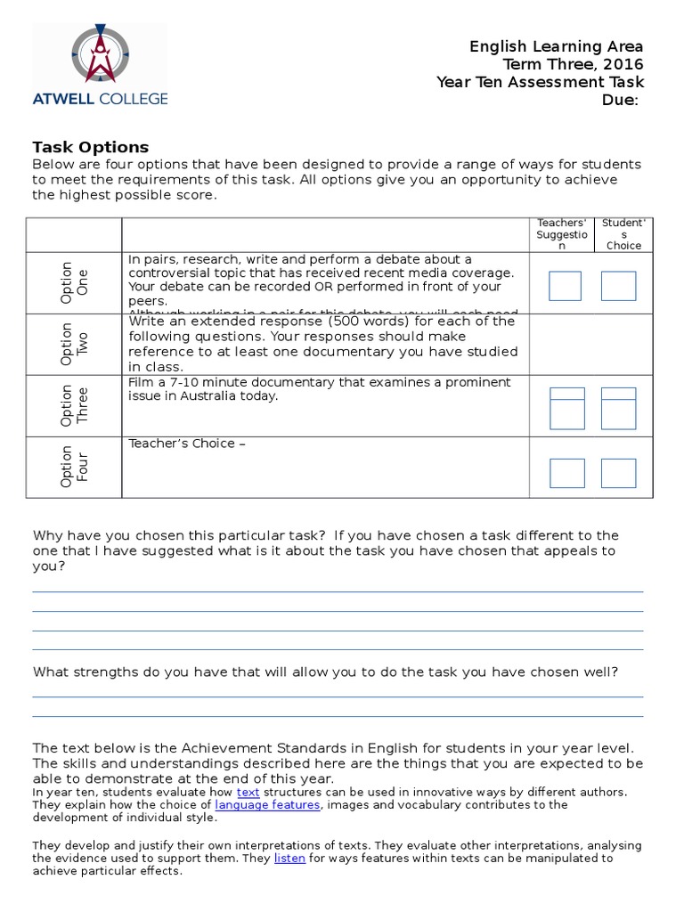 Year 10 English Assessment Task Guide | PDF | Learning | Communication