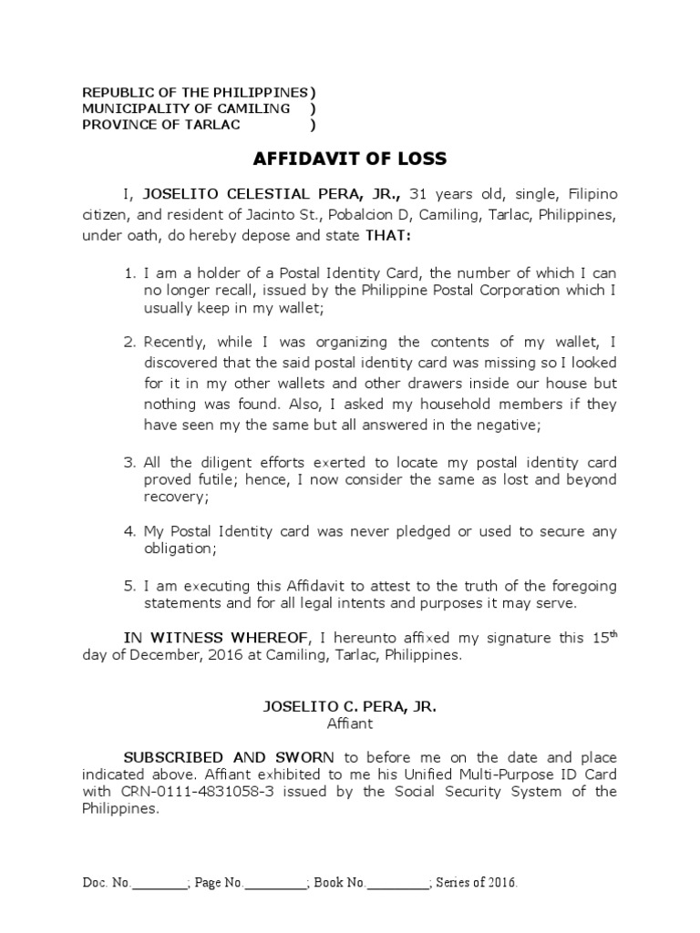 Affidavit of Loss - Joselito (Postal Id Card) | PDF