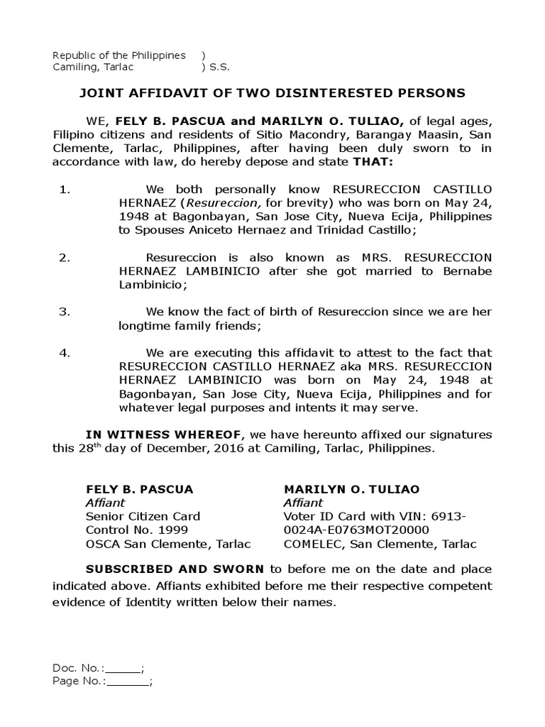 JOINT AFFIDAVIT - Resureccion (Fact of Birth) | PDF