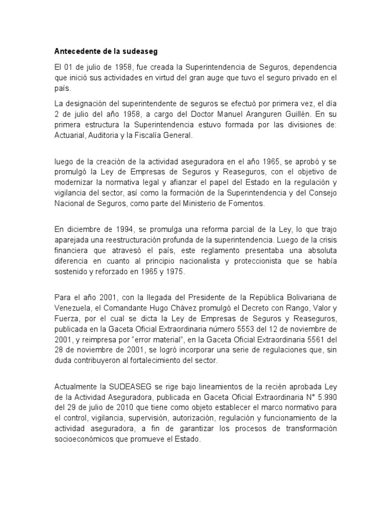 Historia y Evolución de la SUDEASEG | PDF | Seguro | Gobierno