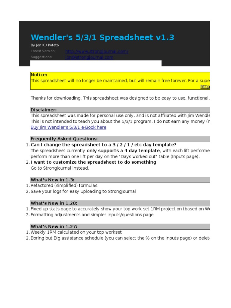 Wendler 5-3-1 v1 | Download Free PDF | Spreadsheet | Weight Training